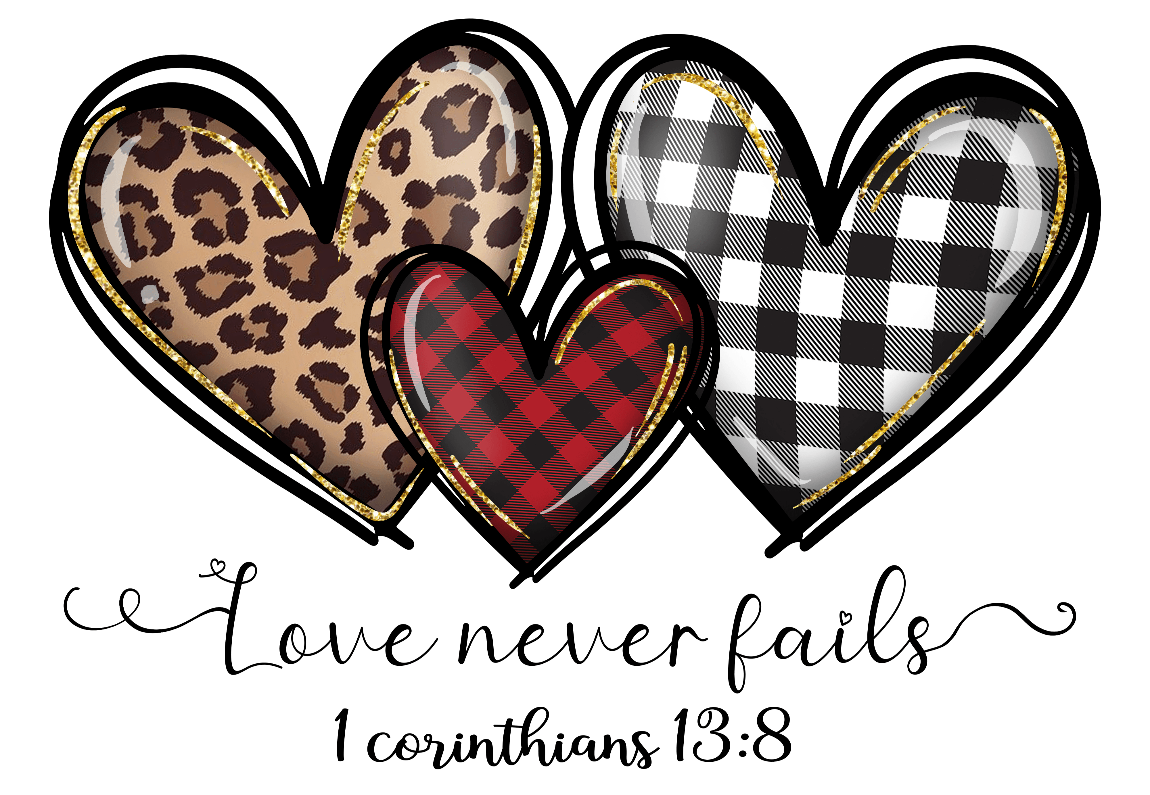 Love Never Fails with Plaid and Leopard Print Hearts DTF (direct-to-film) Transfer – Twisted ...