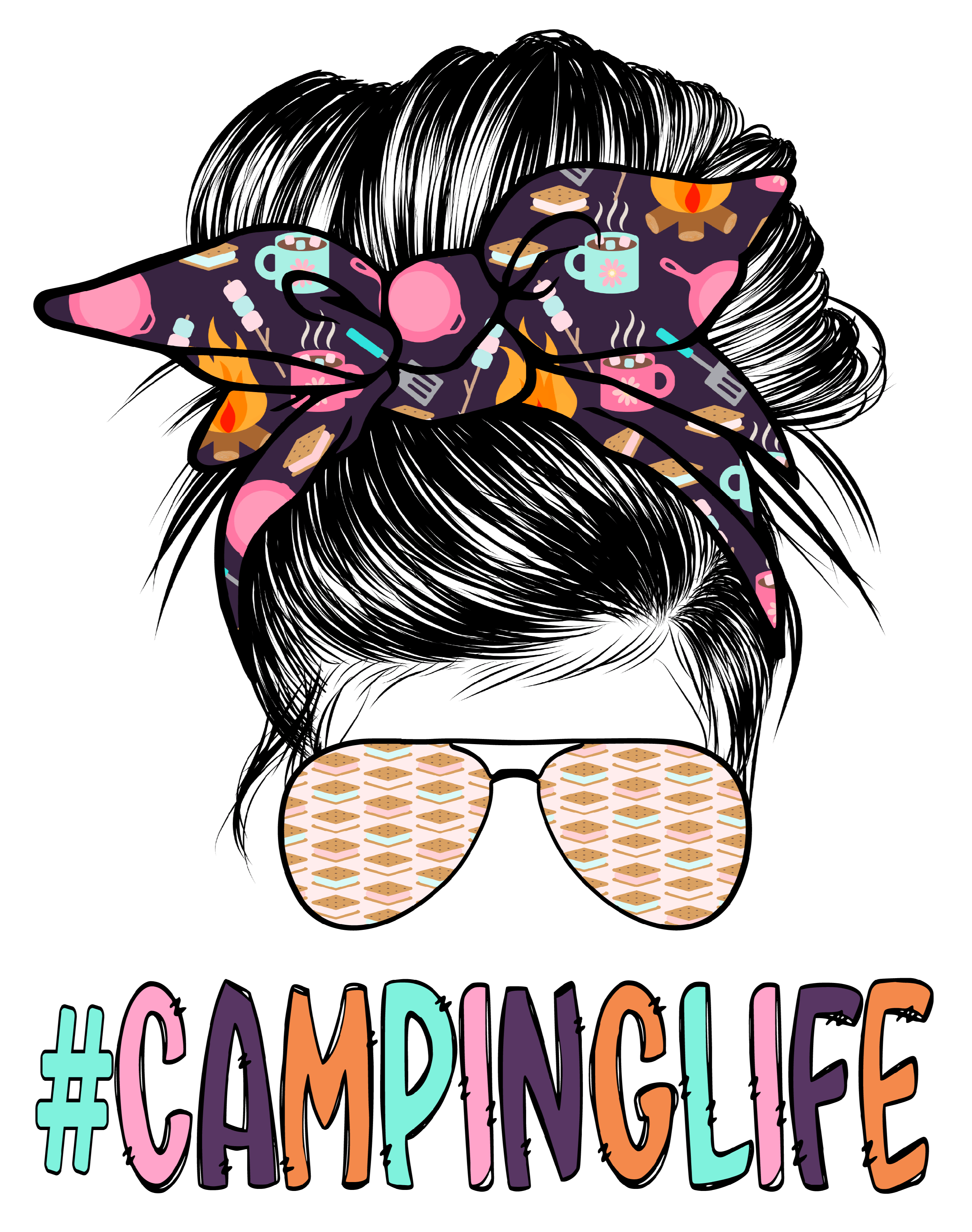 Camping Life Messy Bun Smores DTF (direct-to-film) Transfer – Twisted ...