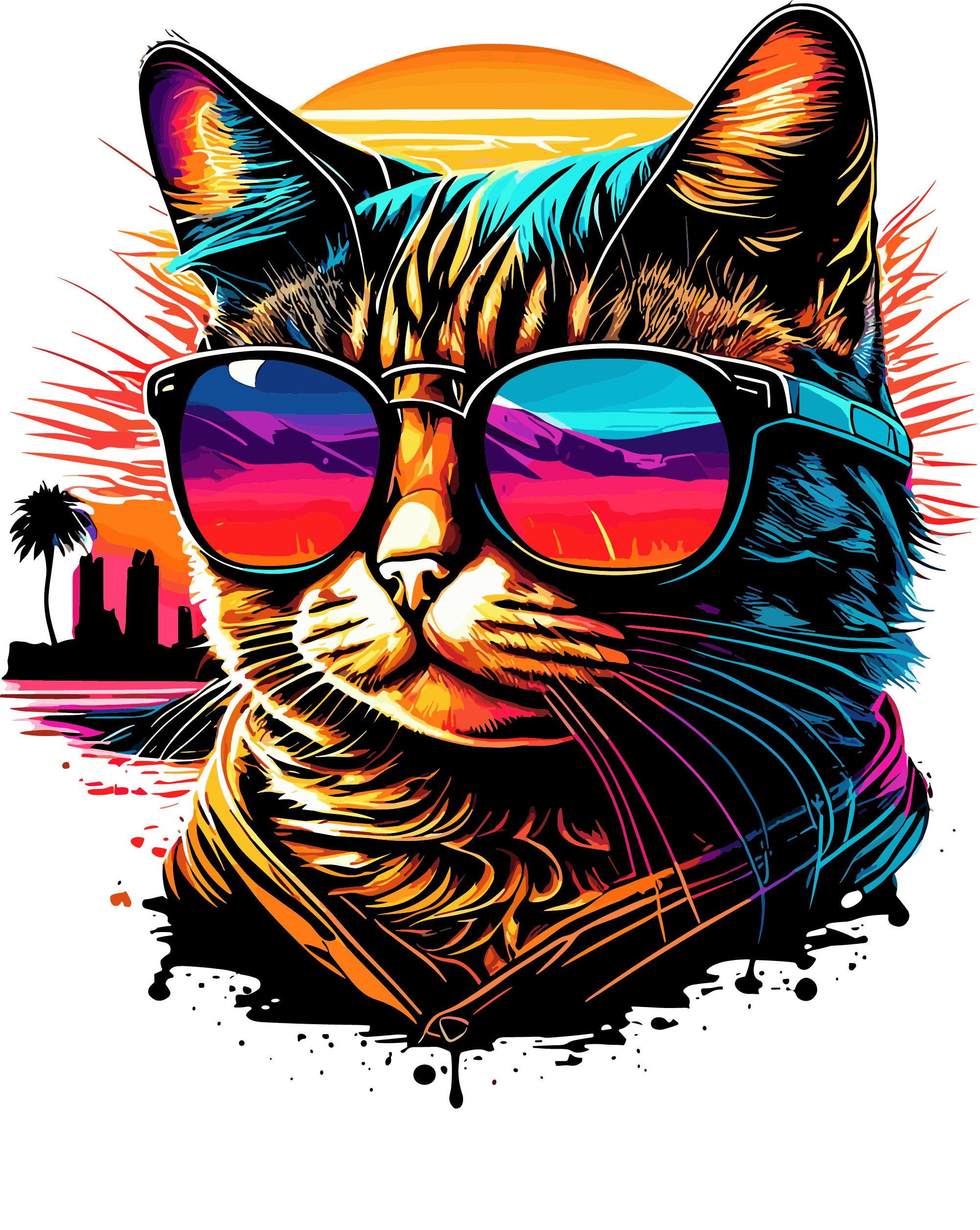 Cat in Glasses Sunset Color Drip DTF (direct-to-film) Transfer ...