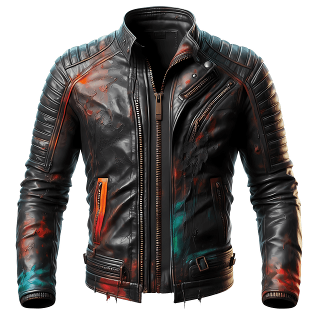 Color Drip Black Leather Jacket With Red Accents DTF (direct-to-film ...