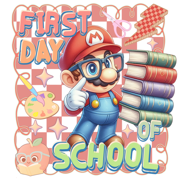 First Day of School Mario Holding Books DTF (direct-to-film) Transfer ...