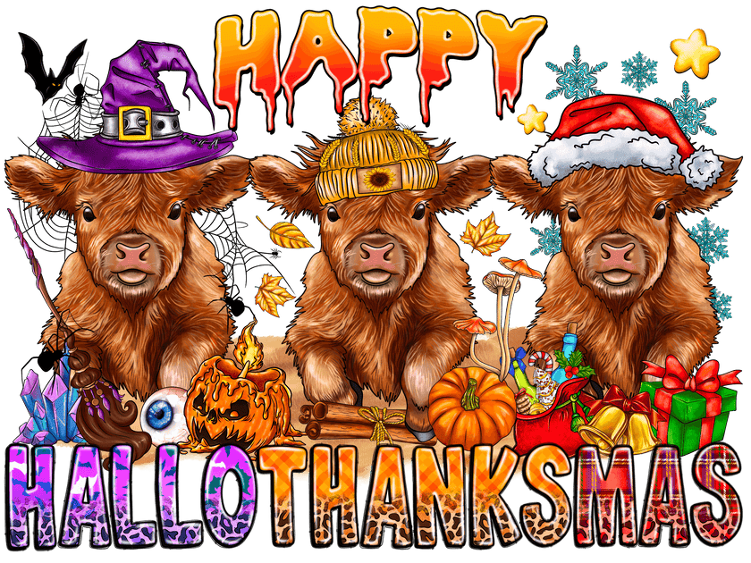 Happy Hallothanksmas Highland Cow DTF (direct-to-film) Transfer ...