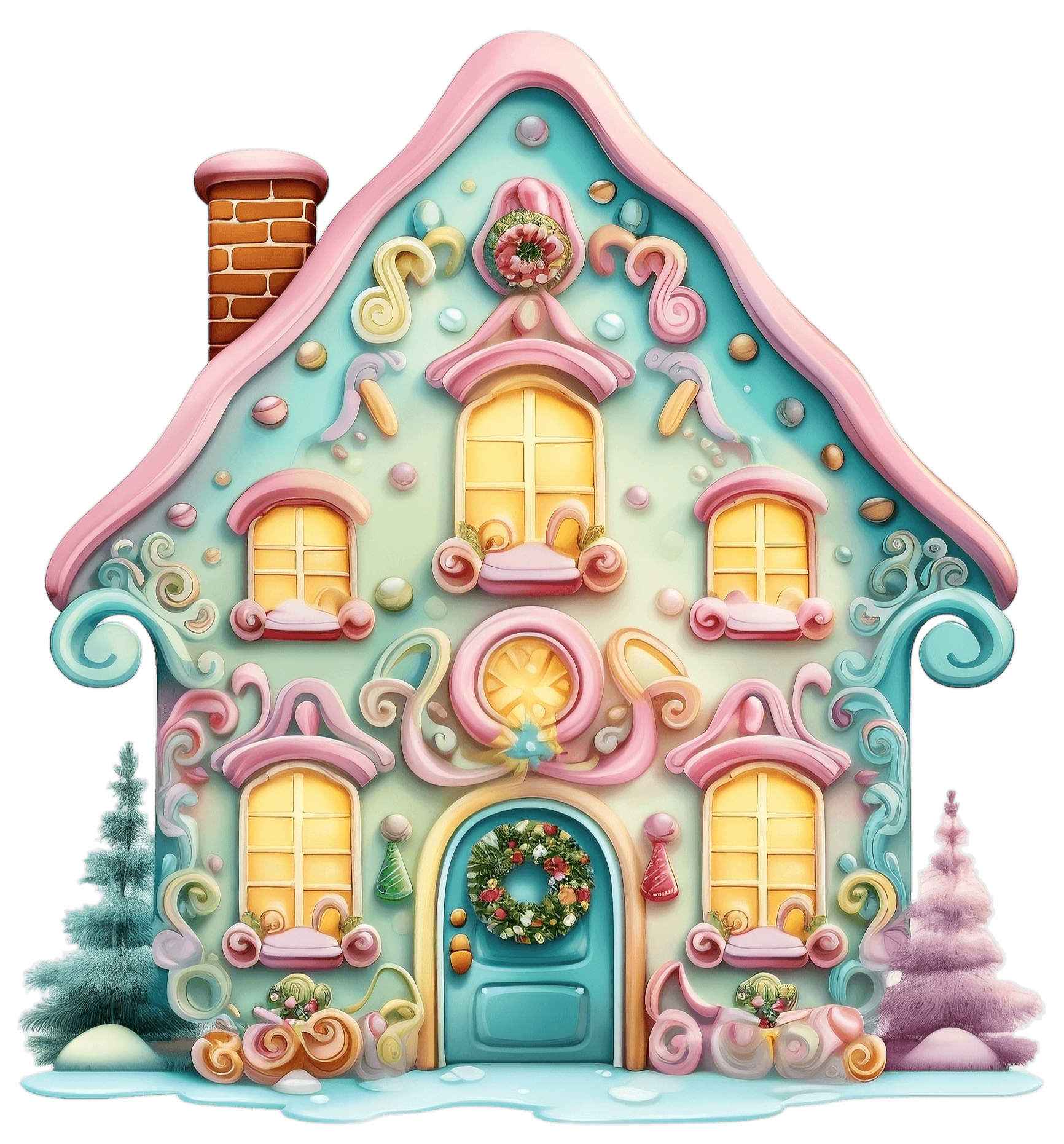 Pastel Christmas House With Brick Chimney DTF (direct-to-film) Transfer ...