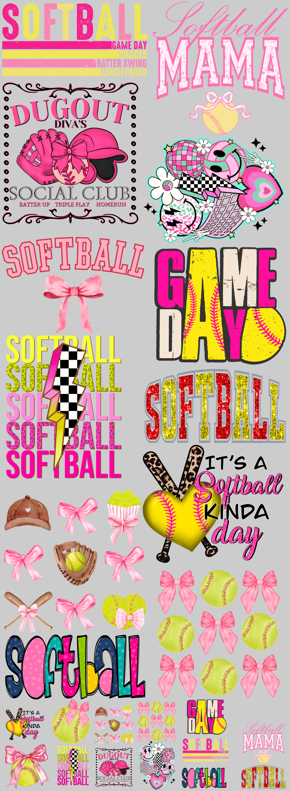 Pink Softball with Pocket Sizes 1 60x22" DTF Ready to Ship Gang Sheet ...