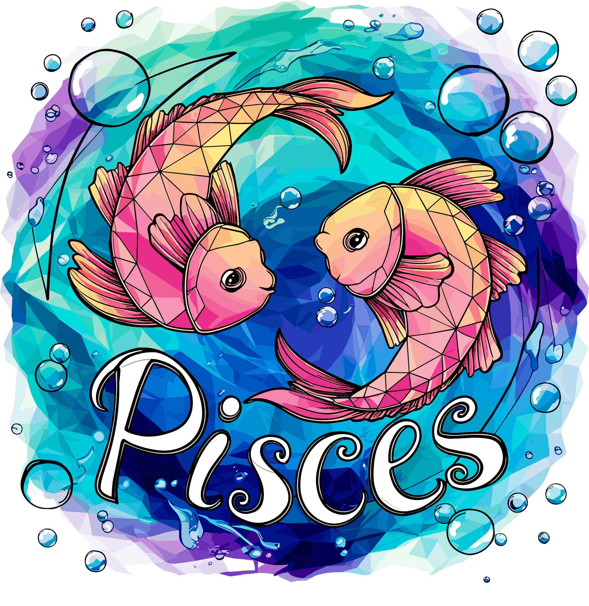 Pink & Yellow Pisces Fish Blue Bubbles DTF (direct-to-film) Transfer ...