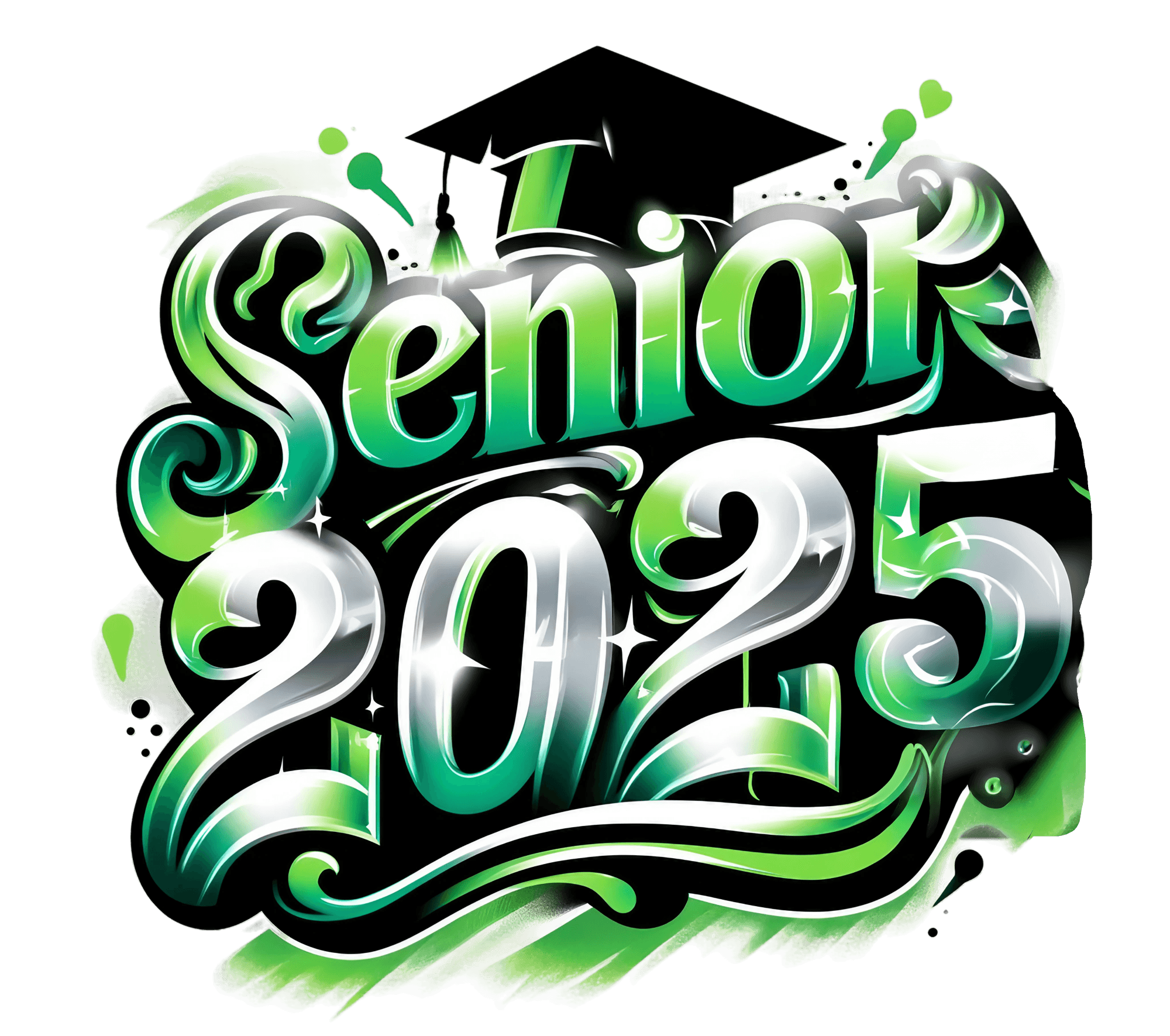 Senior 2025 Airbrushed Green Font Black Cap DTF (direct-to-film ...