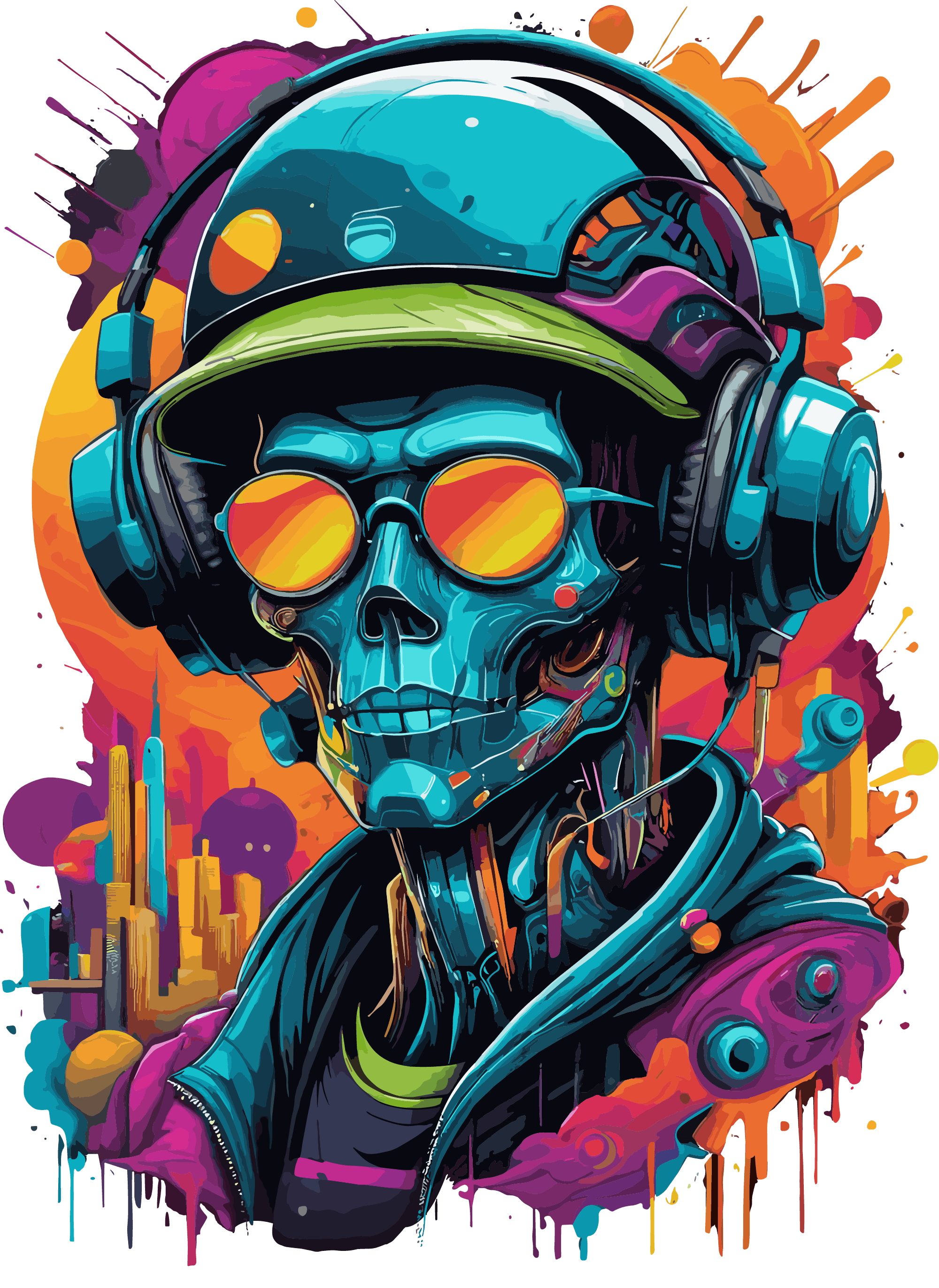 Skeleton in Headphones Color Drip DTF (direct-to-film) Transfer ...