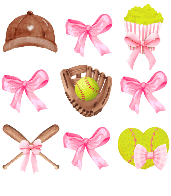 Softball Pink Bows, Gloves and Softballs DTF (Direct to Film) Transfer ...