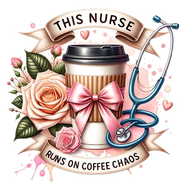 THIS NURSE RUNS ON COFFEE AND CHAOS PINK BOW DTF (direct-to-film ...