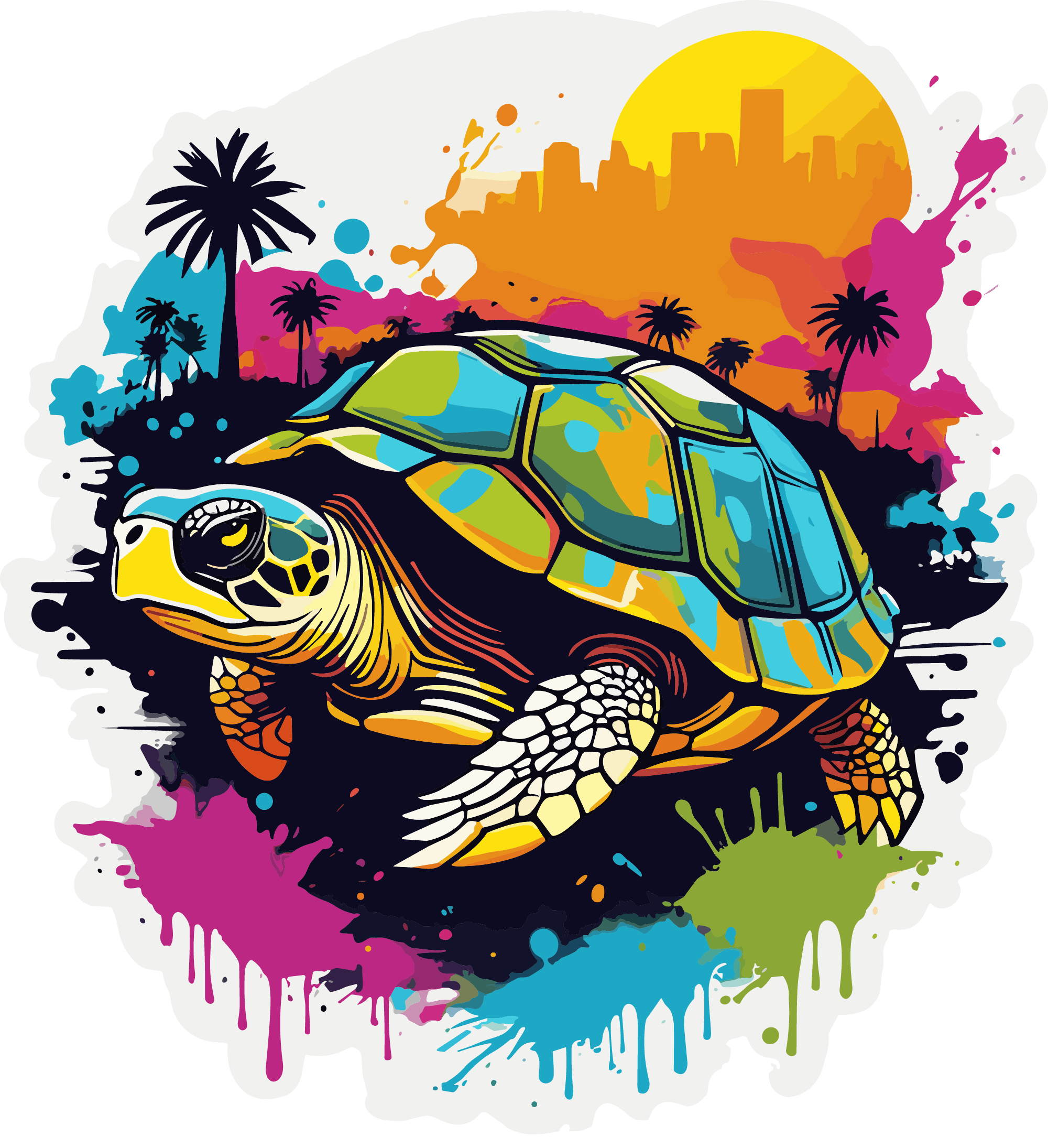 Turtle & Palm Trees Color Drip DTF (direct-to-film) Transfer (Copy ...