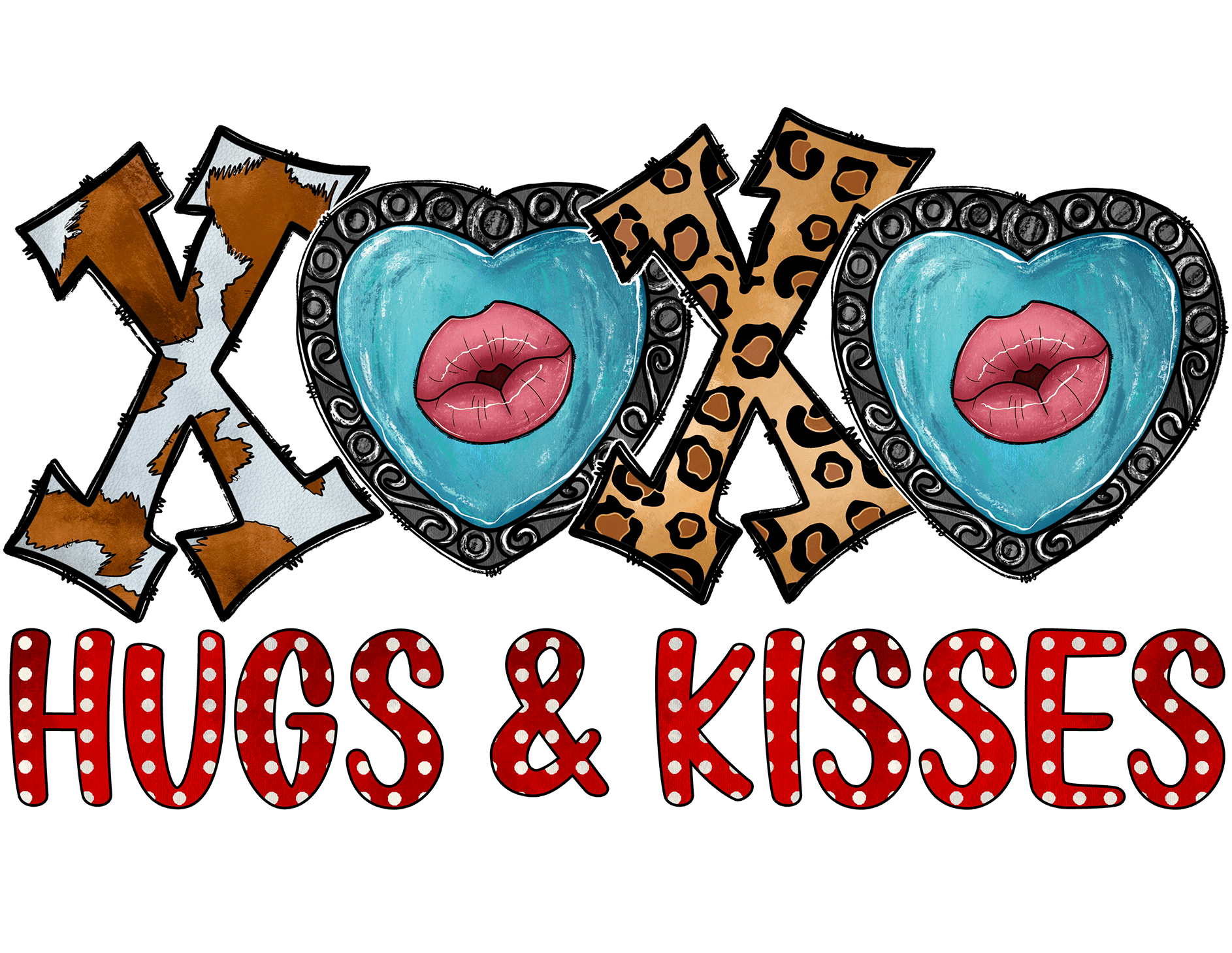 XOXO Hugs And Kisses In Cow Print And Turquoise Font DTF (direct-to ...