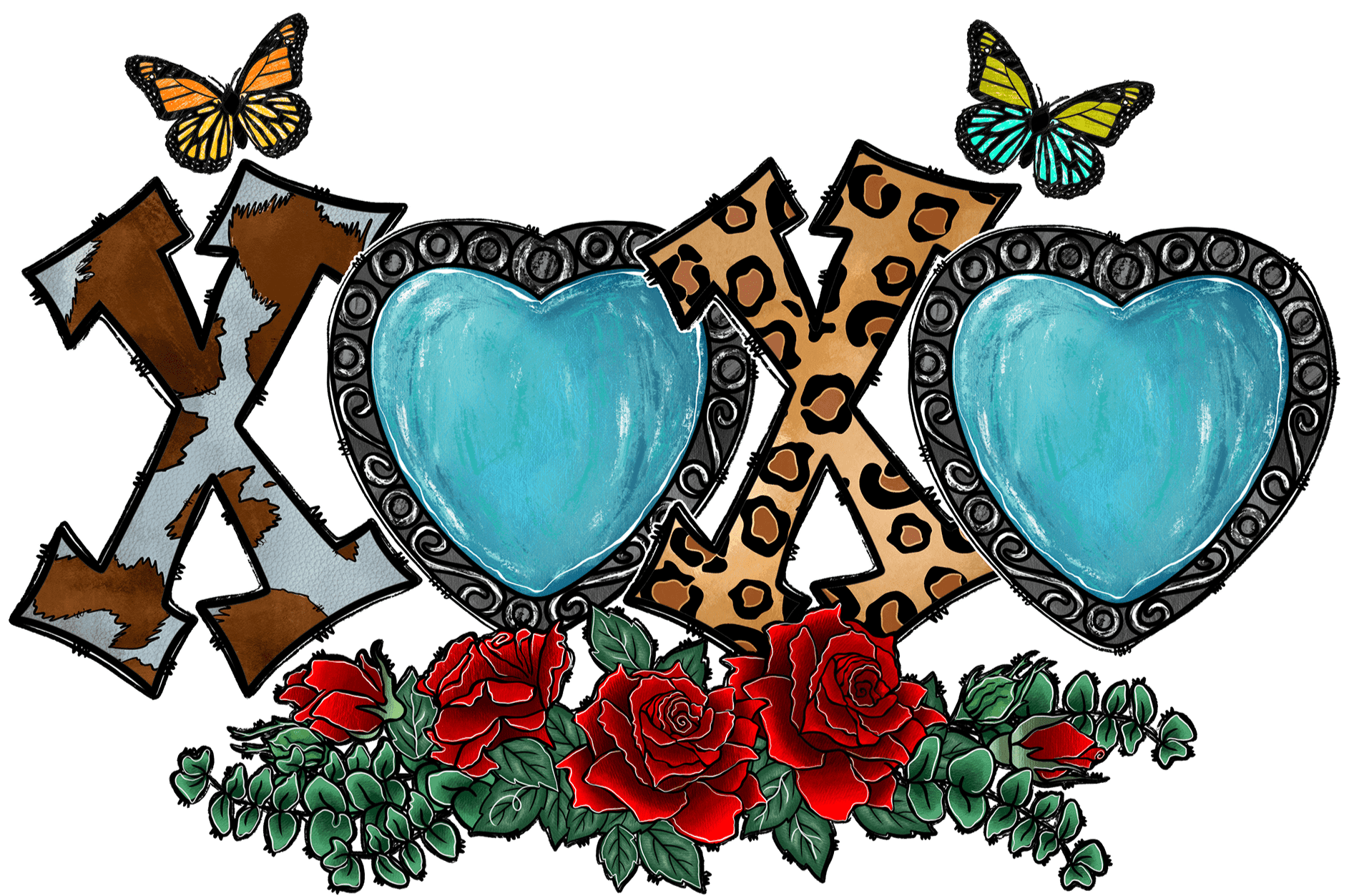 XOXO In Animal Print Font With Roses and Butterflies DTF (direct-to ...