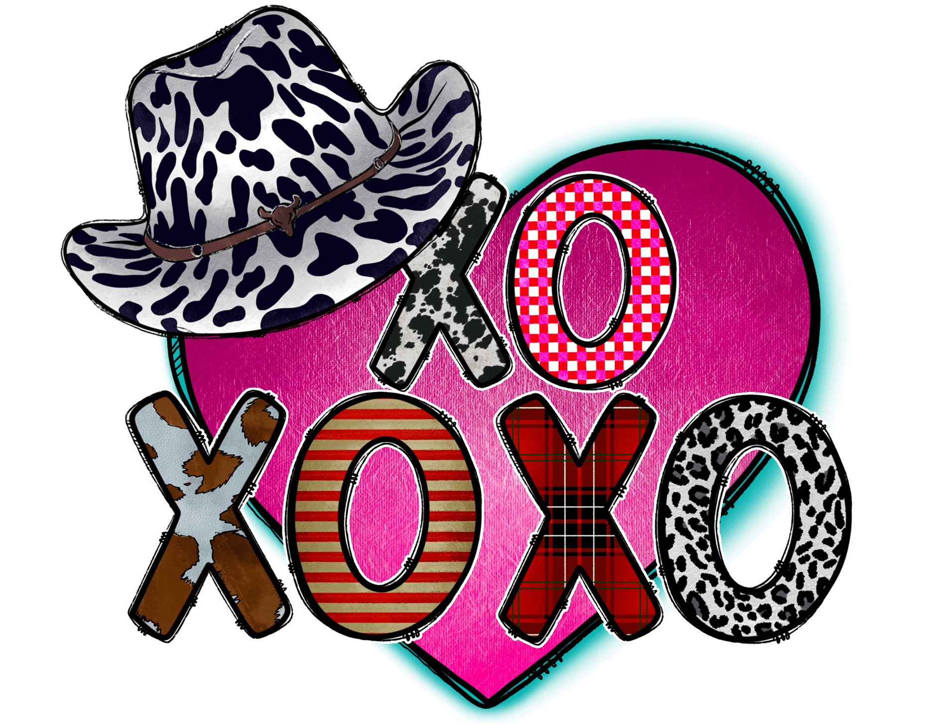 XOXO In Printed Font With Pink Heart And Cow Print Hat DTF (direct-to ...