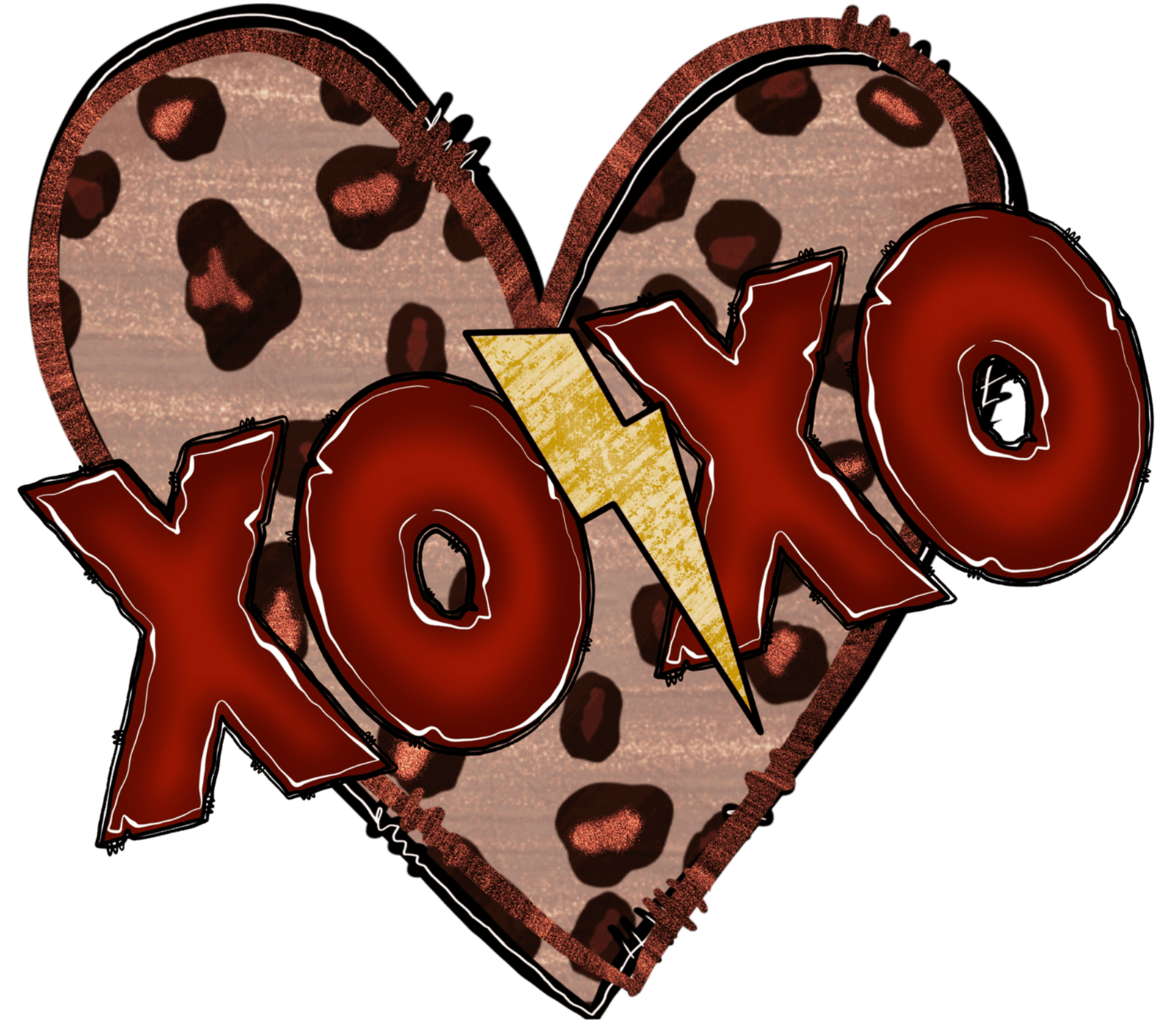 XOXO In Red Font With Animal Print Heart And Lightning Bolt DTF (direct ...