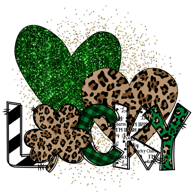 Lucky with Glitter and Leopard Print Hearts DTF (direct-to-film ...