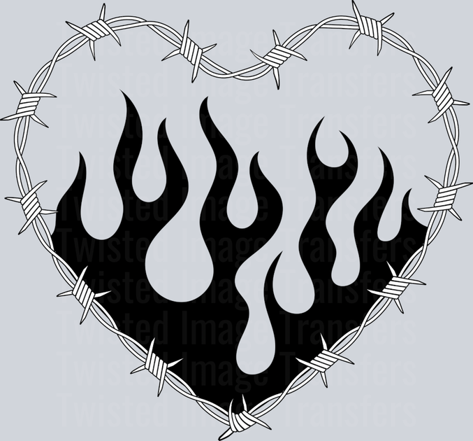 Flaming Heart With Barbed Wire Black & White DTF (direct-to-film ...