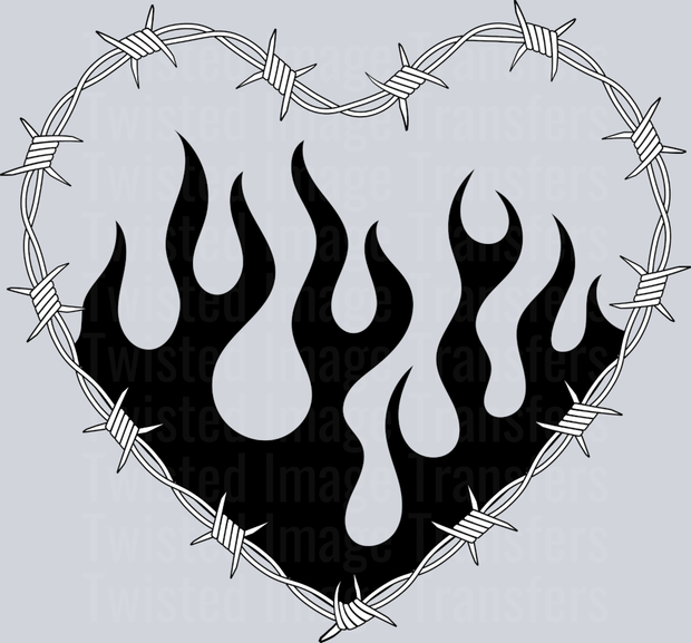 Flaming Heart With Barbed Wire Black & White DTF (direct-to-film ...