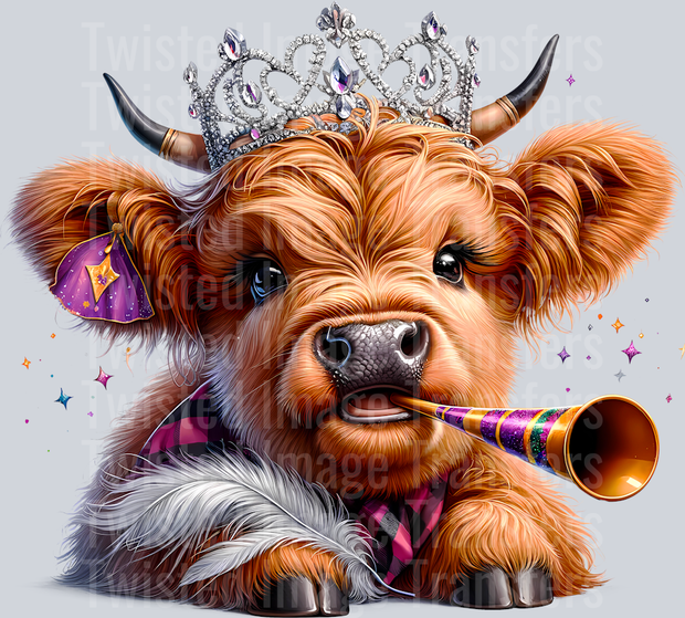Mardi Gras Highland Cow NOLA w_Feather – Twisted Image Transfers